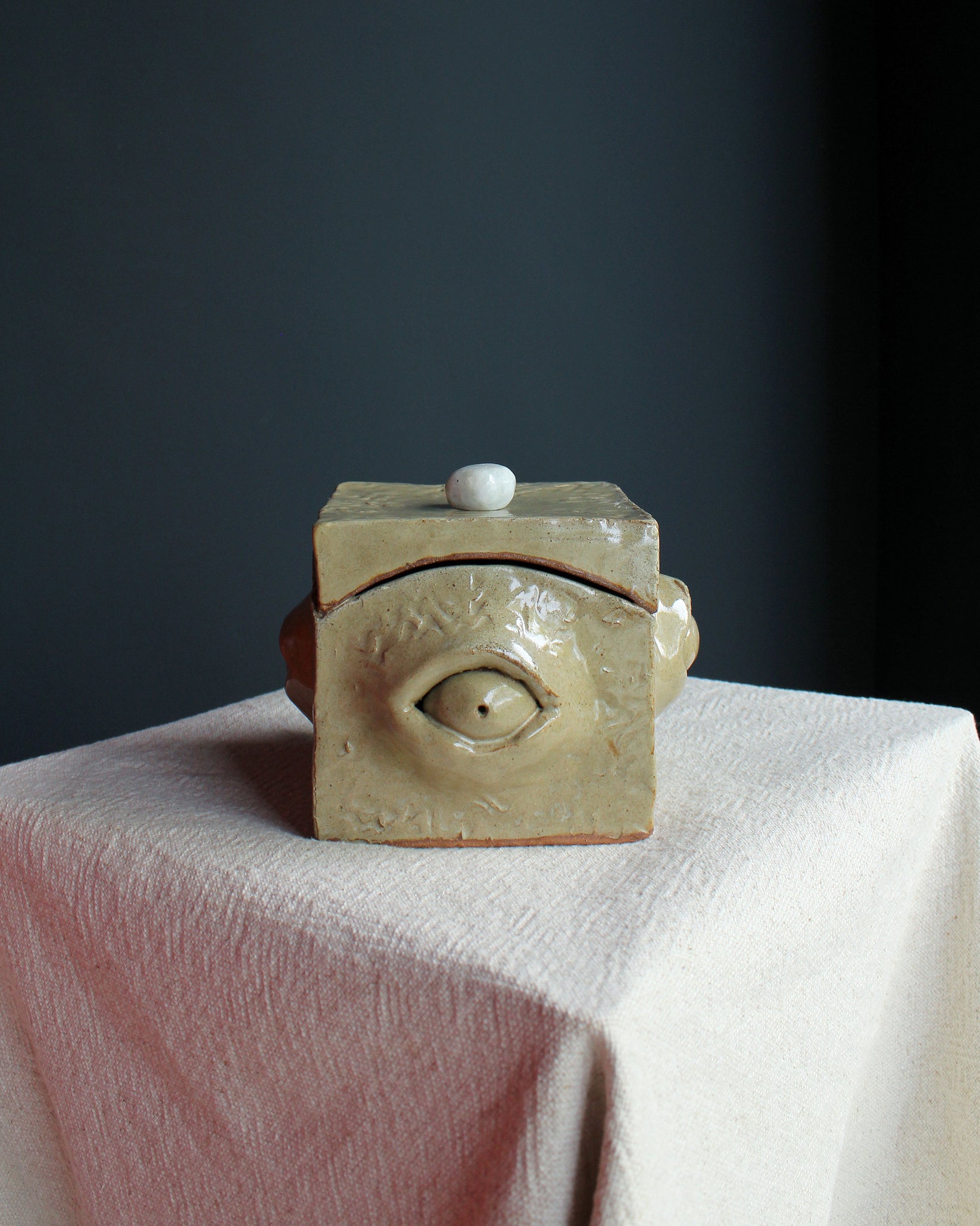 Studio Pottery Eye Cube Object with Moonstone – Earl Grey